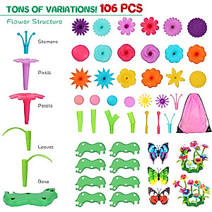 FLYINGSEEDS 106 PCS Flower Garden Building Toys for Girls, Girls Favor STEM Toy Gardening Pretend Play Set for Kids, Stacking Game Educational Activity for Toddlers Kids Age 3 4 5 6 7 8 Year Old