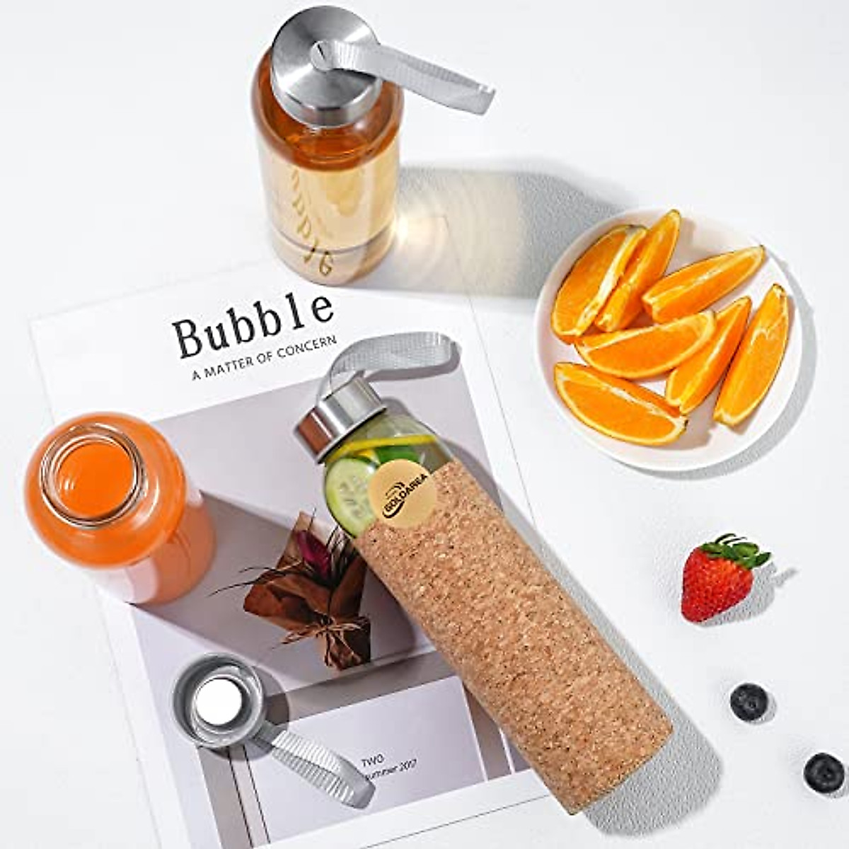 GoldArea 6 Pack Glass Water Bottles with Sleeves, 16 oz Glass Bottles with Stainless Steel Caps, Reusable Sport Water Bottles, Juice Containers with Lids for Fridge, Leakproof Bottles for Beverage