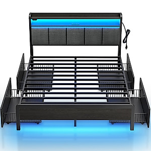 Rolanstar Bed Frame Queen Size with Charging Station and LED Lights, Upholstered Storage Headboard with Drawers, Heavy Duty Metal Slats, No Box Spring Needed, Noise Free, Easy Assembly, Dark Grey
