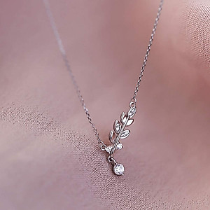 CZ Olive Leaf Pendant Necklace for Women Girls 925 Sterling Silver Cubic Zirconia Crystal Leaves Branch Charm Chain Choker Necklaces Dainty Elegant Birthday Wedding Anniversary Jewelry Gift