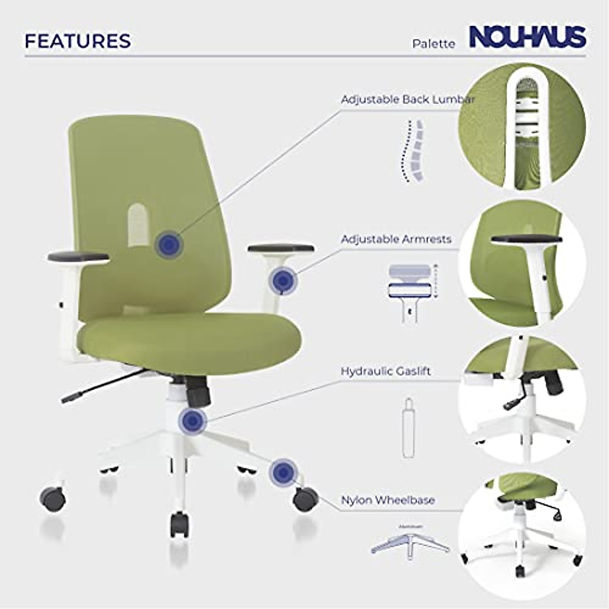 Nouhaus Palette Ergonomic Office Chair Comfortable Swivel Computer Desk Chair, Lumbar Adjust Rolling Chair. (Green)
