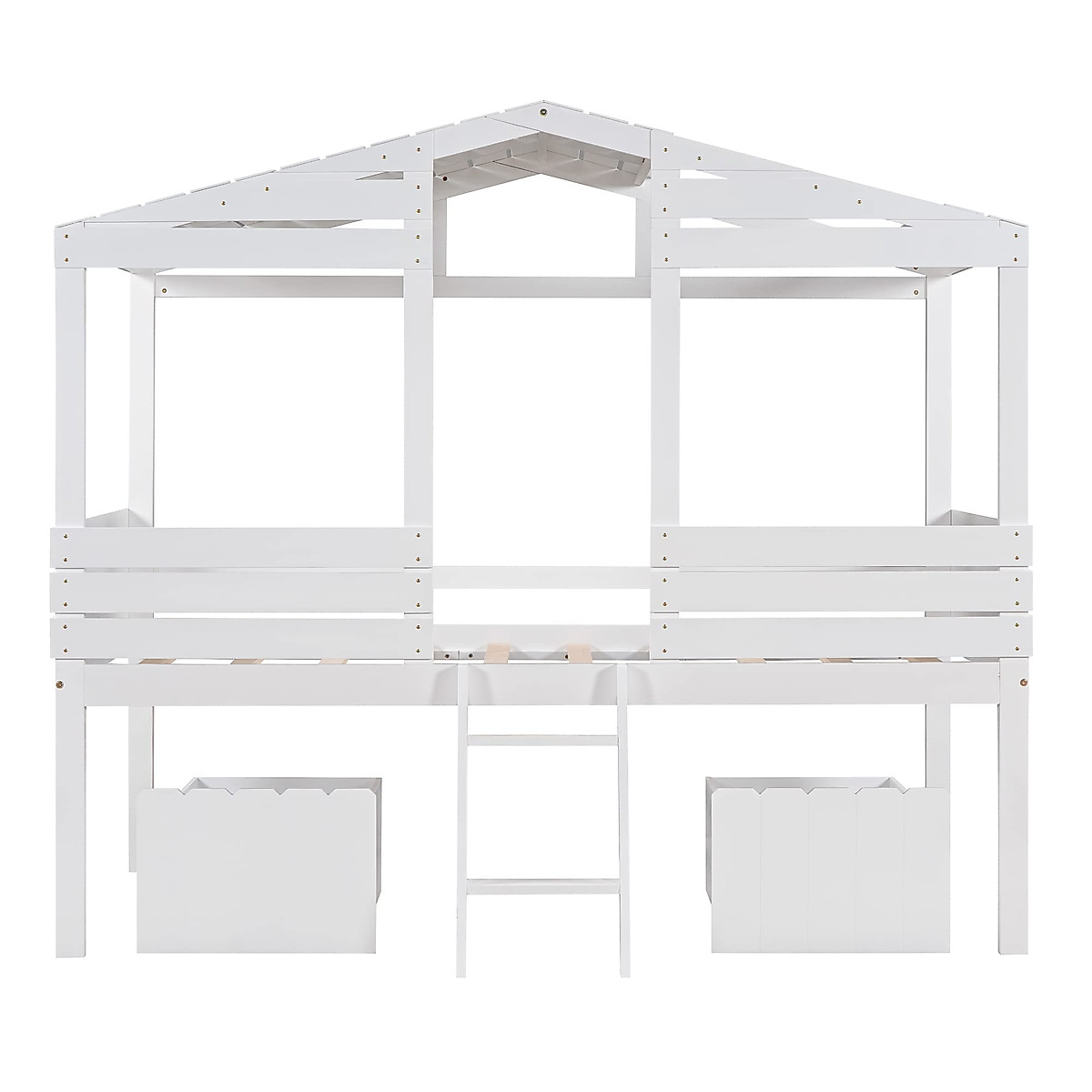 Merax Junior Wood Loft House Bed with Ladder/Drawers, Low Loft Bunk Bed for Girls Boys,No Box Spring Needed/Space Saving Twin Size White