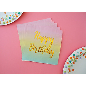 Happy Birthday Napkins - 50 Pack Pastel Metallic Birthday Disposable Paper Napkins with Gold Foil Printing on Pink Yellow Blue Ombre Gradient for Cocktail Party Supplies - 6.5" x 6.5" inches