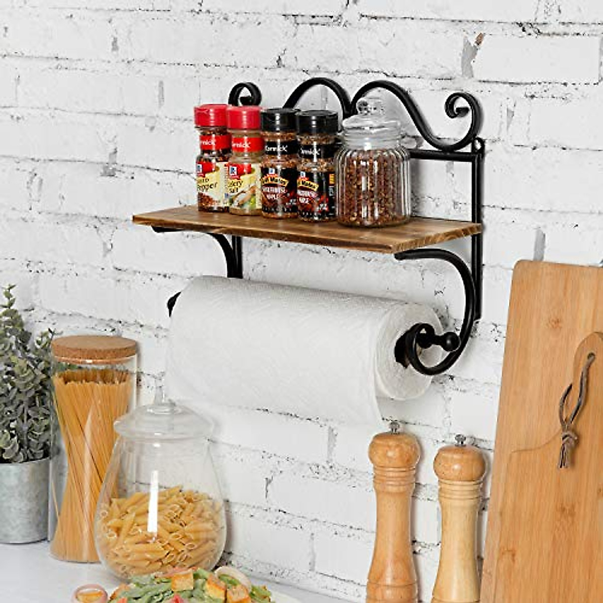 MyGift Wall Mounted Black Metal Kitchen Paper Towel Holder and Burnt Solid Wood Storage Display Shelf Spice Rack with Vintage Scrollwork Design