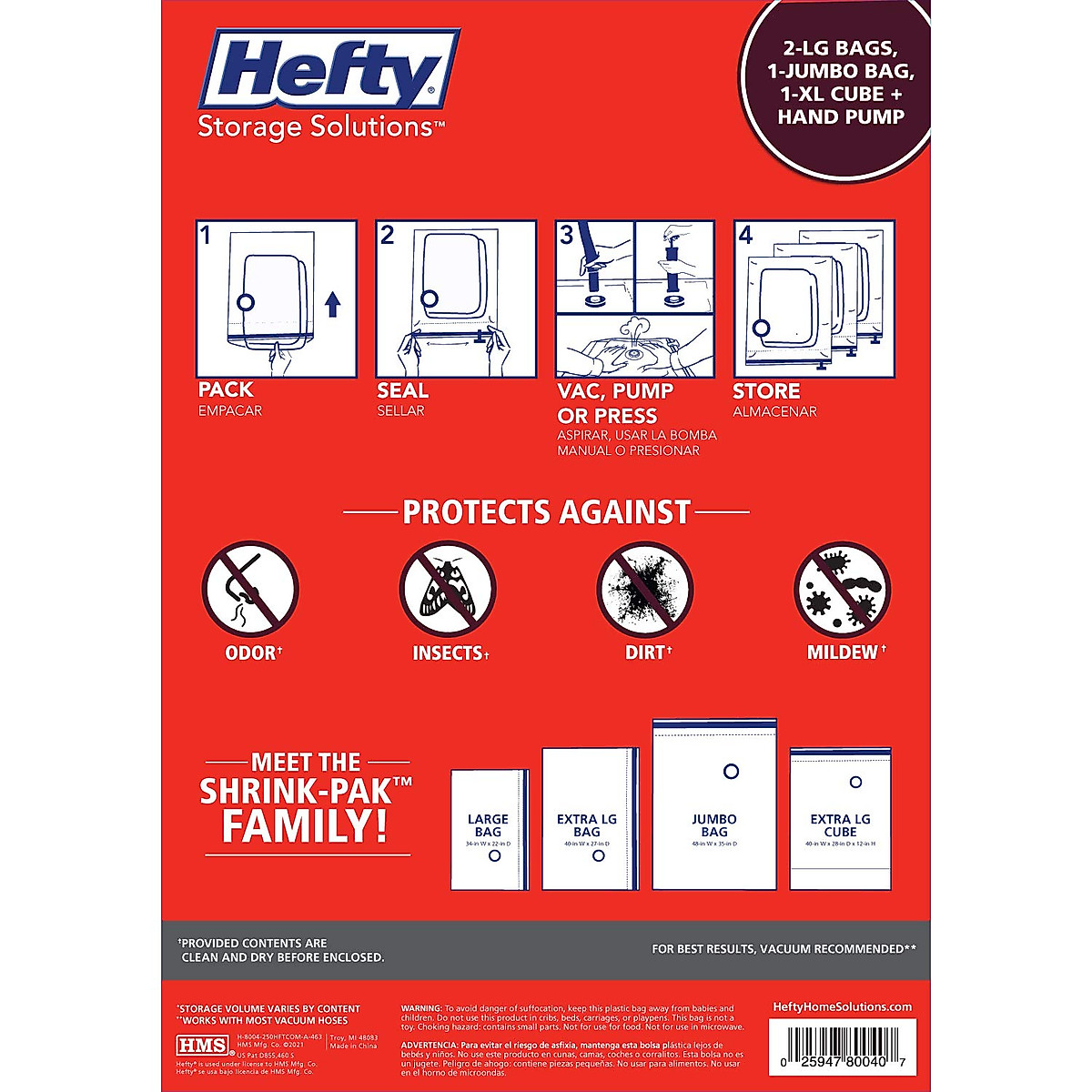 Hefty Shrink-Pak Starter Kit - 2 Large, 1 XL Cube, 1 Jumbo Vacuum Seal Storage Bag and Hand Pump – Space Saver Bags for Clothing, Pillows, Towels, or Blankets, 5 Pc Set