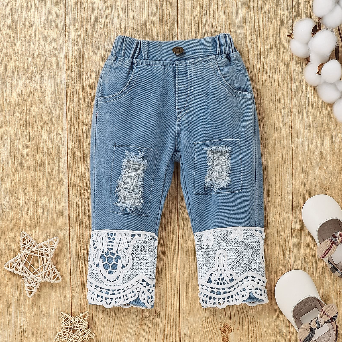 Tikoubabe Baby Girl Clothes Toddler Outfit Infant White Lace Romper Long Sleeve + Jeans Pants Clothing Set 3-6 Months 70cm