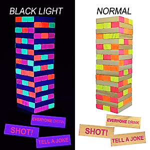 Drinking Games for Adults Party, Black Light Tumble Tower -Glowing Drinking Games Suitable for Day Or Night, 54 Blocks with Hilarious Drinking Commands, Stacking Games for adults party