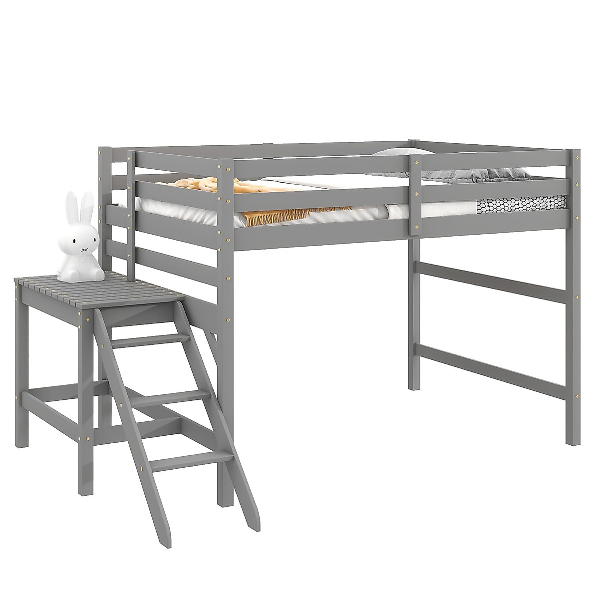 Lifeand Full Loft Wooden Bed with Platform,Ladder,Grey