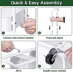 AOODA 3 Tier Under Desk Metal Rolling Cart with Handle and Lockable Wheels, 27'' Height Small Book Cart Mobile Art Cart Rolling Storage Organizer for Office, Bathroom, Kitchen, Nursery (White)