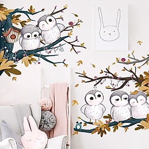 NOA Owls on Branches Cartoon Wall Sticker, Removable Waterproof Vinyl Animal Flowers Decal Decor, Lovely Art Mural for Nursery Bedroom Kids Room Home Decoration