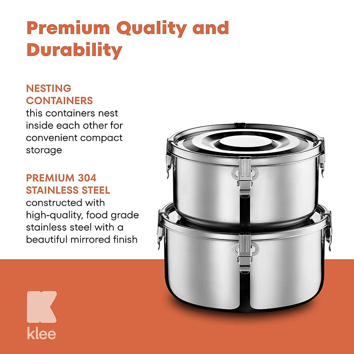 Klee 2 pc Stainless Steel Food Storage Container Set With Lids - Easy Clean, Smell-Proof, Airtight & Leakproof Containers - Large and Extra Large Sizes (50, 67 fl oz) - 304 Stainless Steel