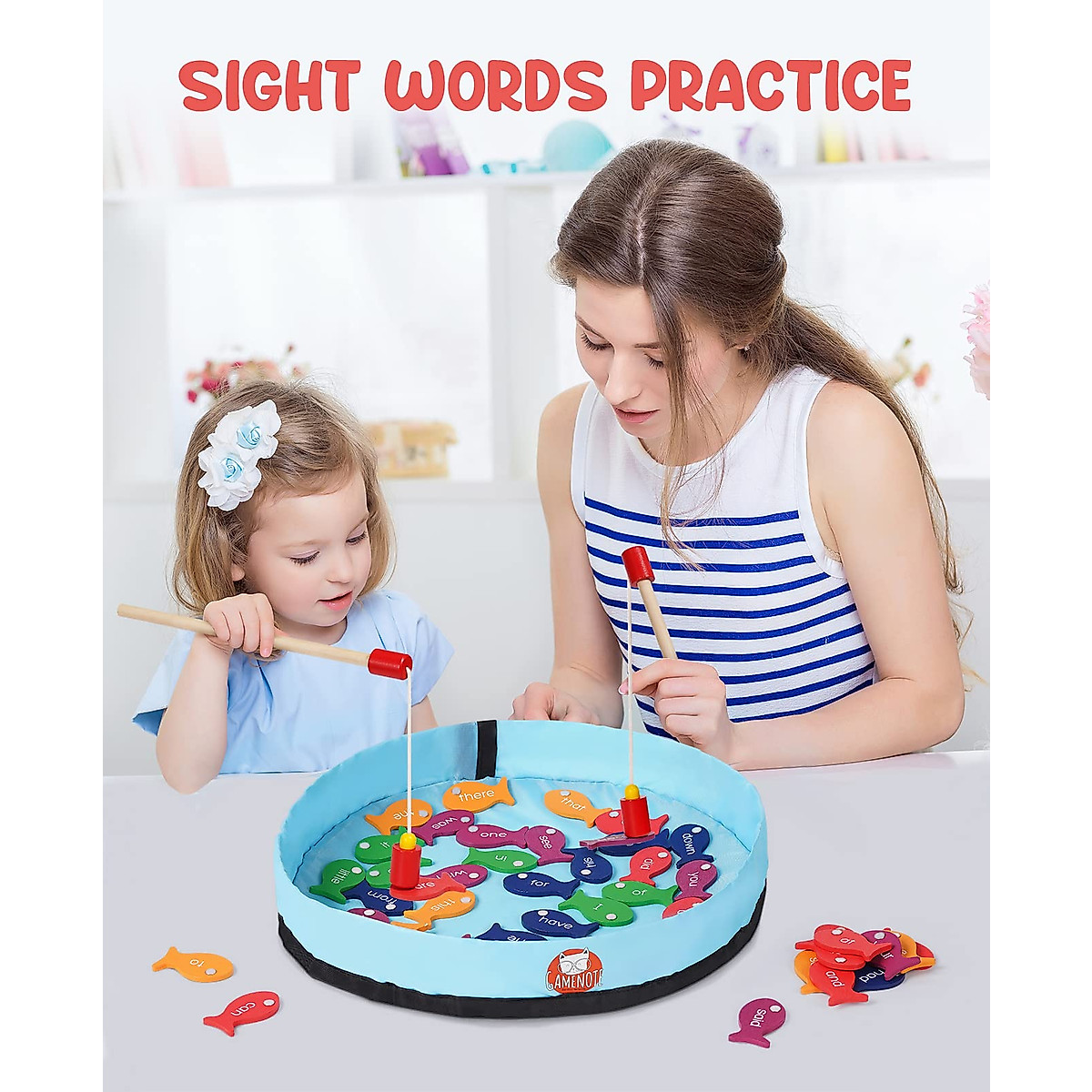 GAMENOTE Sight Words Wooden Magnetic Fishing Game - 220 Fish, Phonic Games for Kids Ages 3-9 Pre K to 3rd Grade, Dolch Sight Words Level 1 - Level 5 Educational Brain Games (220)