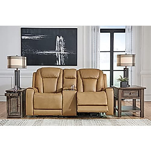Signature Design by Ashley Card Player Contemporary Faux Leather Tufted Power Reclining Loveseat with Control and Adjustable Headrest, Light Brown
