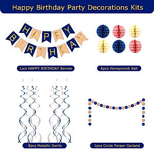 Navy Rose Gold Birthday Decorations with Happy Birthday Banner, Honeycomb Balls, Metallic Hanging Swirls and Circle Parper Garland, Birthday Decorations for Women