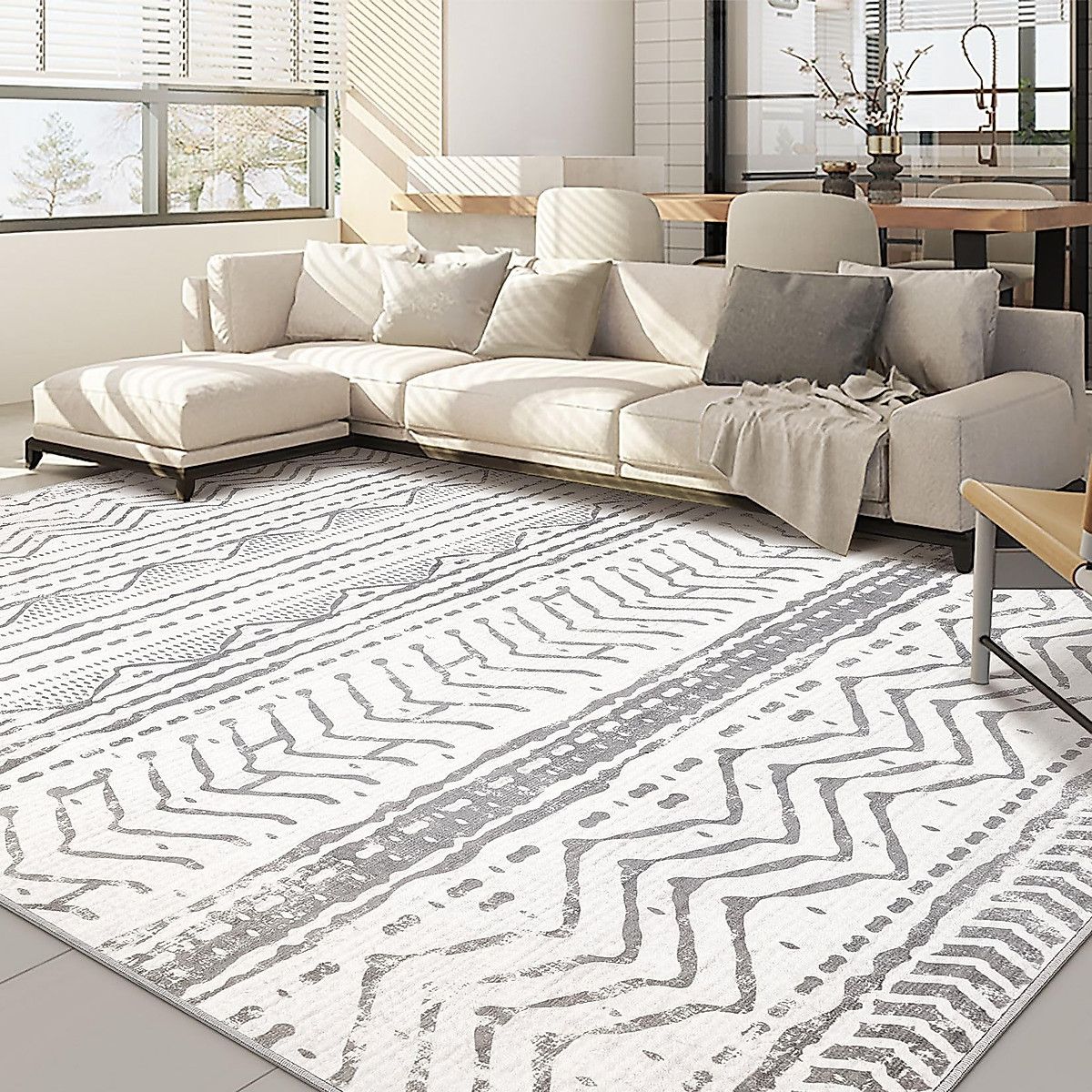 Area Rugs 8x10 Living Room: Washable Boho Large Neutral Soft Farmhouse Rug Stain Resistant Modern Geometric Non Slip Indoor Floor Carpet for Bedroom Nursery Kids Playroom Office- Gray White