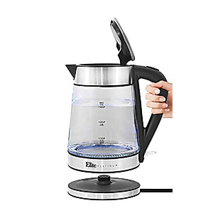 Elite Gourmet EKT-602 Electric 1.7L BPA Free Glass Kettle Cordless 360° Base, Stylish Blue LED Interior, Handy Auto Shut-Off Function – Quickly Boil Water For Tea & More, Stainless Steel