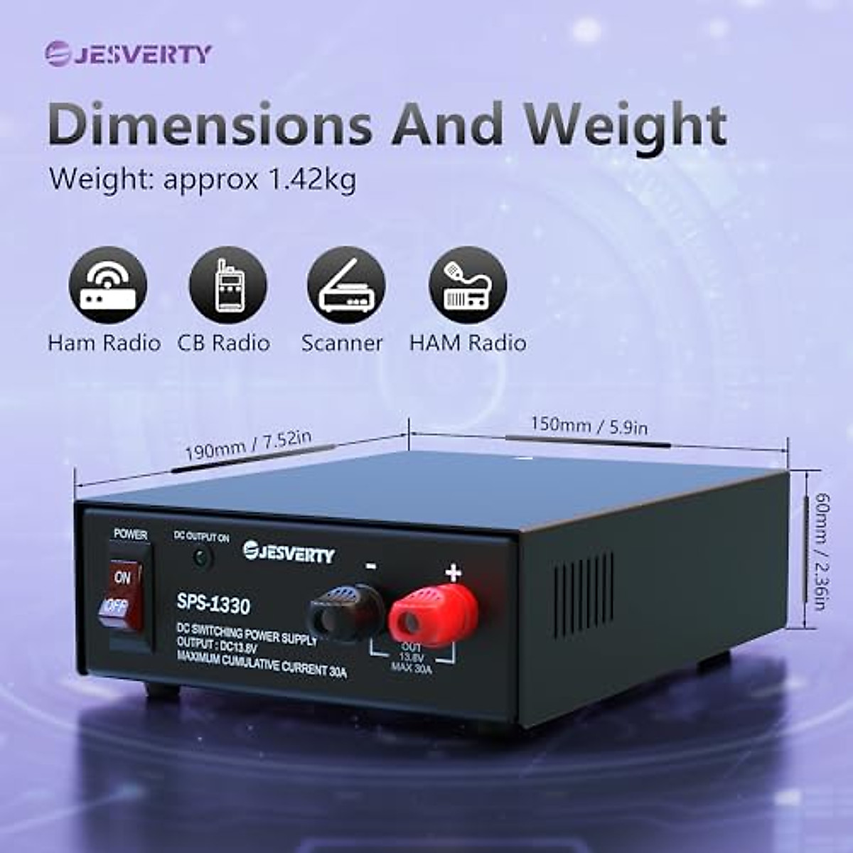 Jesverty Universal Compact Bench Power Supply - 30 Amp Regulated Home Lab Benchtop AC-to-DC Converter for CB/HAM/Amateur Radio with 13.8V Fixed OutputScrew-Type Terminals, Cooling Fan - SPS-1330