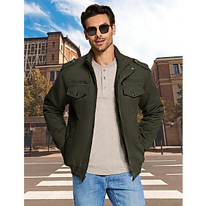 CRYSULLY Men's Cotton Jacket Winter Military Coats Fleece Lined Thick Work Coats Warm Cargo Jackets Army Green M