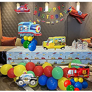BIRLON Construction Birthday Party Supply, Transport Vehicle Theme Decoration for Boy Baby Shower, Red Green Yellow Blue Balloon Garland Arch Kit Car Reusable Truck Plane Train Police School Bus Foil