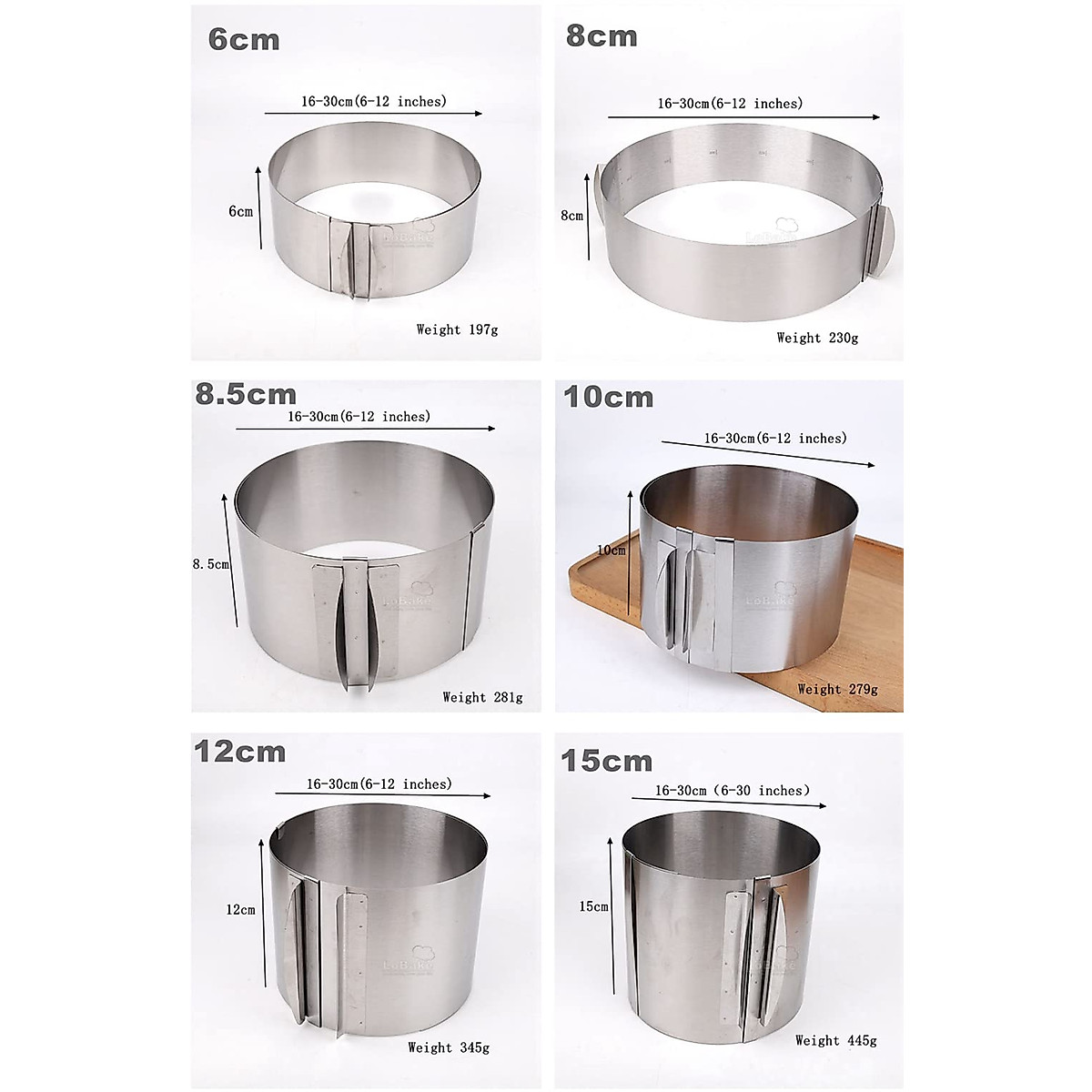 LoBake 6 to 12 Inch 6cm to 15cm Height Stainless Steel Adjustable Round Mousse Cake Rings Stretch Baking Mold DIY Baking Supplies (15cm Height)