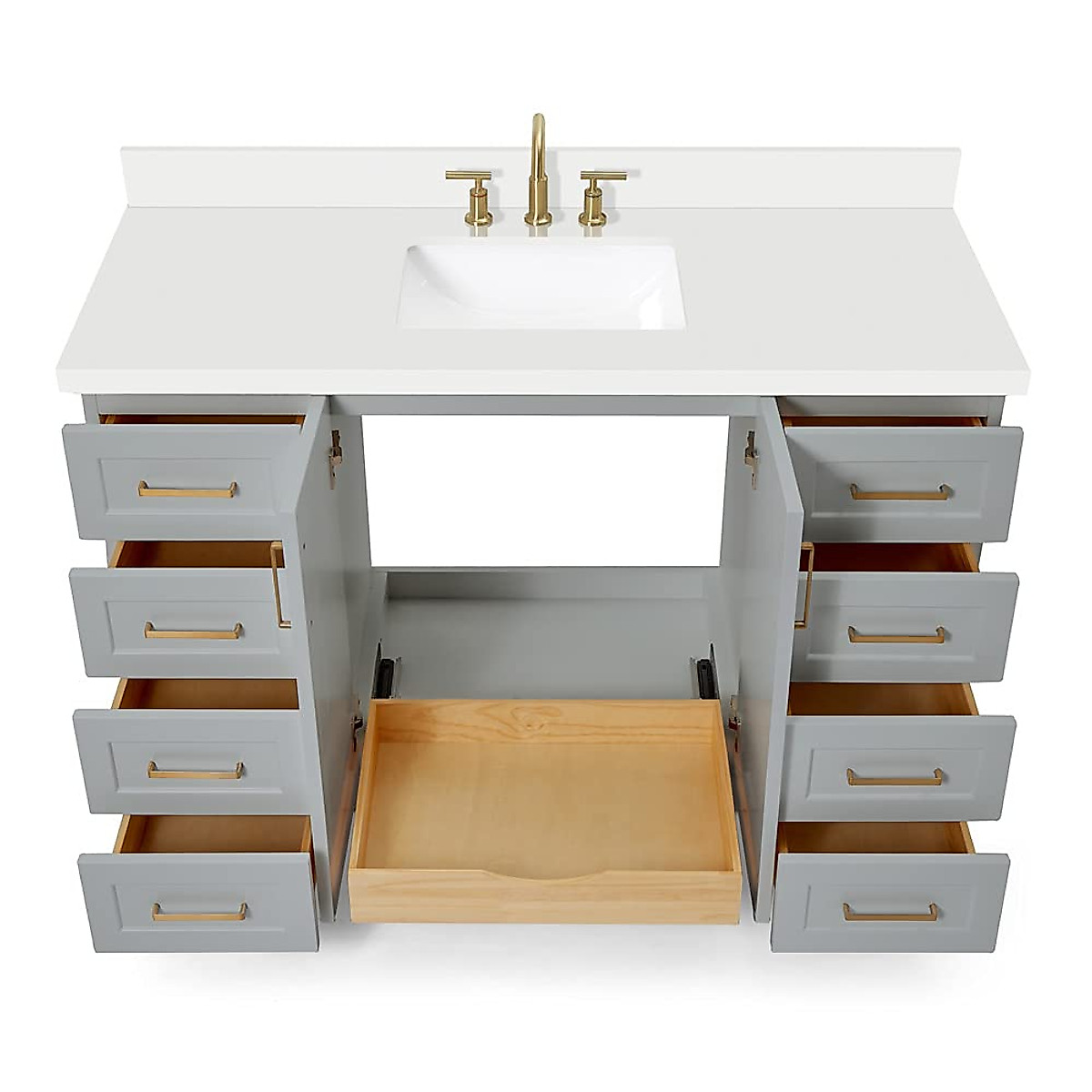 ARIEL 55" Grey Bathroom Vanity with 1.5" Edge Pure White Quartz Countertop & Backsplash, Center Rectangular Sink, 2 Soft Closing Doors, 9 Full Extension Dovetail Drawers, Toe Kick, Satin Brass