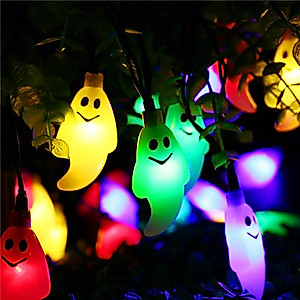DINOWIN Halloween Ghosts Lights, Solar Ghost String 16ft 20 LED Ghost Fairy String Lights Waterproof for Home Indoor Garden Lawn Patio Trees Weddings (Multicolor)