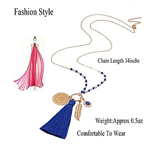 Long Necklaces Bohemia Tassel Leaf Teardrop Disk Circle Pendant necklace For Women Y Shaped Necklace Sets (Royal blue)