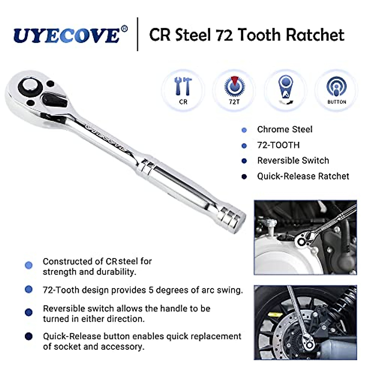 UYECOVE 3-Piece Ratchet Set, 1/4", 3/8", 1/2", Chrome Steel, Blue