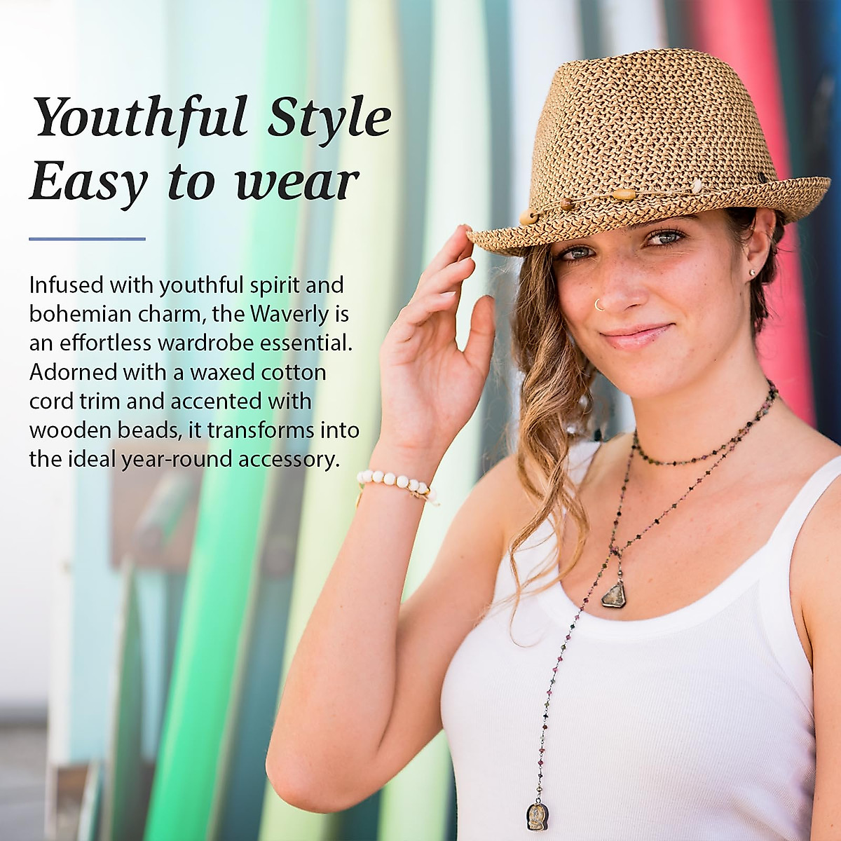 Wallaroo Hat Company – Women’s Waverly Trilby Fedora – Short Brim, Packable Design and Adjustable Sizing for Medium Crown Sizes – Trendy and Chic Sun Hat for Casual All-Season Style (Natural)