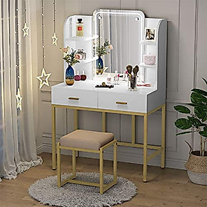 LITTLE TREE Vanity Set with LED Lighted Mirror and Cushioned Stool, Large Vanity Table Dressing Table Desk with Storage Shelves and 2 Drawers for Bedroom