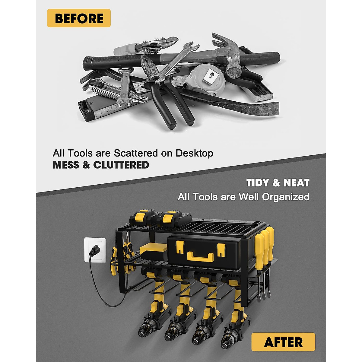 Wall Mount Power Tool Organizer and Charging Station - 6 AC Outlets, 3 Layers for Drills, Great as Heavy Duty Garage Tool Rack