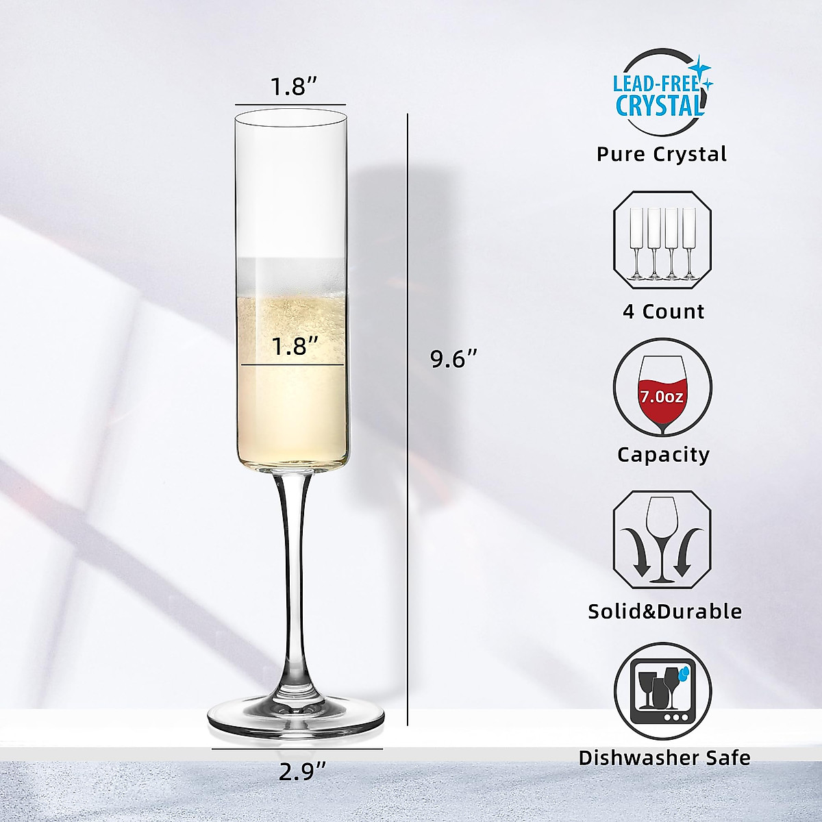 YIBEZ Champagne Flutes, Set of 4 Crystal Champagne Glasses, 7 OZ Cylinder Champagne Flutes Glass, Housewarming/Wedding Gifts