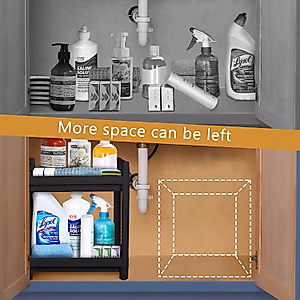 Multipurpose Under Sink Storage Rack for Closet Cabinet,Under Bathroom Kitchen Sink Organizer,2 Tier Countertop Collection Baskets Shelf with Hooks for Home Office (Black)