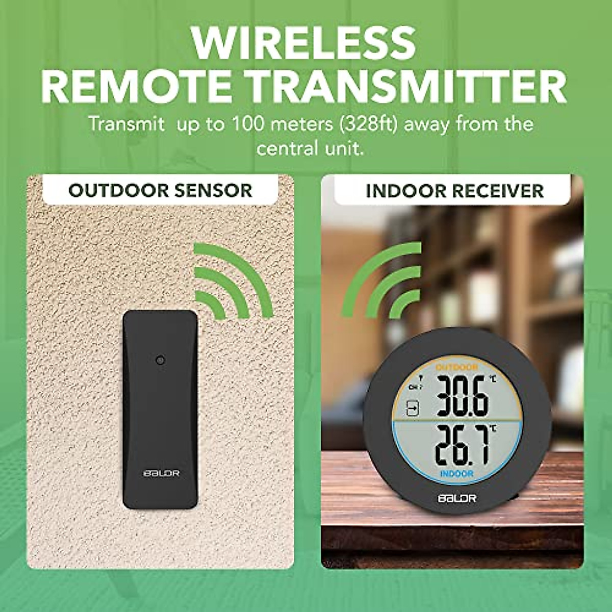 BALDR Wireless Indoor/Outdoor Thermometer - Surface or Wall Mounted Temperature Monitor, 2.5” LCD Display Thermometer with Min/Max Records & Trend Arrows Sign - Portable Home Weather Station (Black)