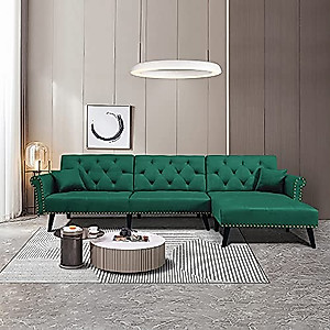 115¡±W Button Tufted Velvet Convertible Sectional Sofa Bed Sleeper with Reversible Chaise & 2 Pillows Indoor Modular Sofa (Green)