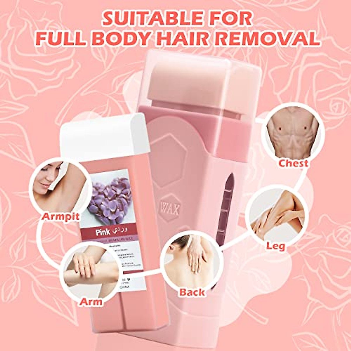 Roll On Waxing Kit, Depilatory Roll On Wax Warmer for Hair Removal with 2 Rose Cartridges Refill 10 Wax-removing Wipes and 100pcs Wax Strips, At Home Waxing Kit for Women and Men