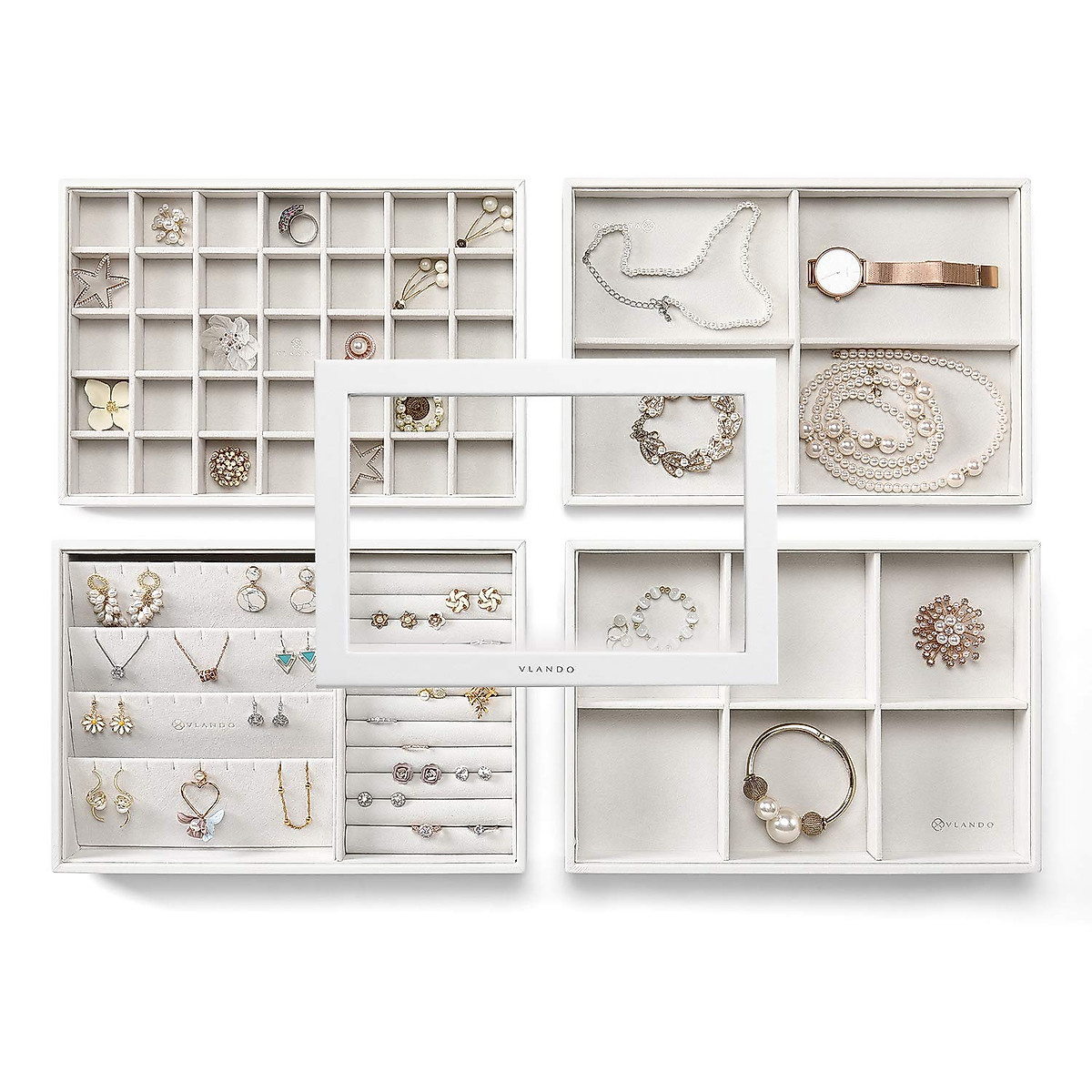 Vlando Jewelry Tray - Faux Leather Glass-top Jewelry Storage Organizer - Earring Necklace Bracelet Ring Display Desktop Drawer Chest, 4-Layer w/Clear Lid, White