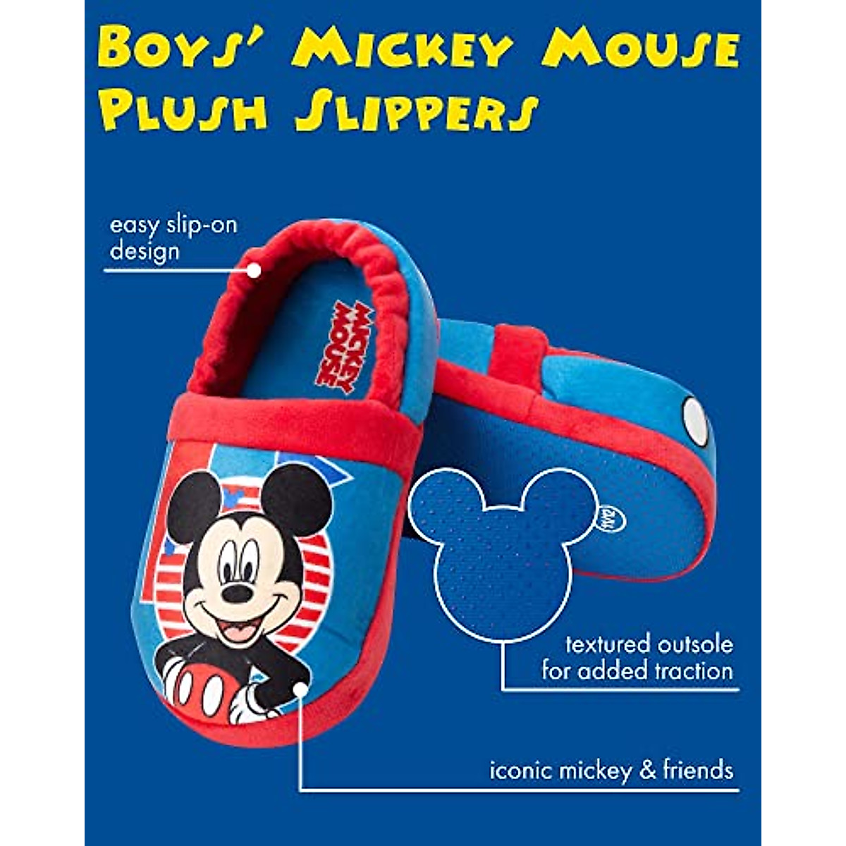 Disney Boys’ Mickey Mouse Slippers – Cozy Plush Fuzzy Slippers: Non-Slip, Non-Skid Slippers for Boys (Toddler/Little Kid), Size 11-12, Blue Red Mickey