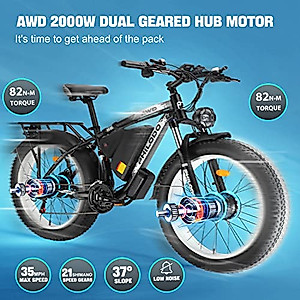 PHILODO Electric Bike for Adults, 48V 22Ah Fat Tire Ebike Dual Motor AWD 2 * 1000W 35MPH Electric Bicycles 21-Speed with Ignition Lock Hydraulic Disc Brakes