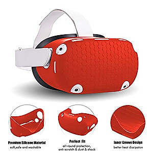 Compatible with Oculus Quest 2 Accessories, Silicone Face Cover, VR Shell Cover, Touch Controller Lengthening Grip Cover with Battery Opening Adjustable with Knuckle Straps Red
