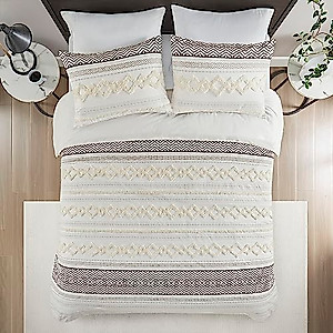Hyde Lane Asha Boho Duvet Cover King, Farmhouse Ivory 100% Cotton Tufted Bedding Set with Zipper, Mid Century Modern Comforter Covers, 3 Pieces Including Matching Pillow Shams (104x90 Inches)