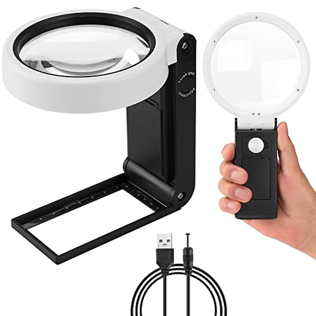Anourney Magnifying Glass 30X 40X with Light and Stand, Handheld Standing LED Illuminated Magnifier, Folding Reading Magnifying Glass with for Seniors Read, Coins, Stamps, Map, Jewelry, Close Work