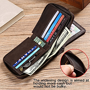 GOIACII Zipper Wallet for Men Genuine Leather RFID Blocking Mens Wallet with Zipper Coin Pocket ID Window Zipper Wallets Large Capacity