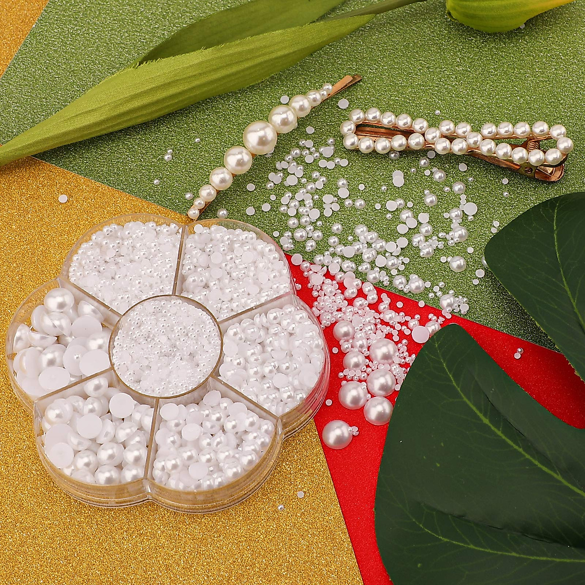 SAVITA 5600Pcs 2/3/4/5/6/8/10mm White Flat Back Pearl Half Round Pearls Beads Satin Luster Loose Beads Gems for DIY Craft Necklaces Bracelets Jewelry Decorations Wedding Dress Nail Art Making