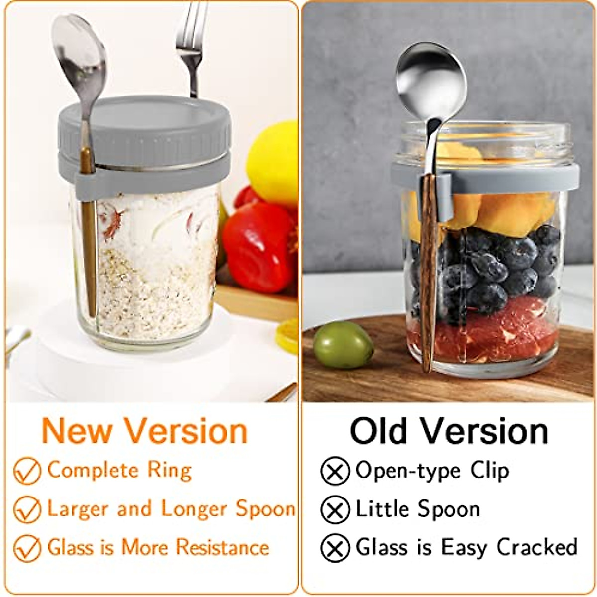 ZCXQM Overnight Oats Containers with Spoon and Fork, 2 Pack 10 oz Mason Jars with Lids for Overnight Oats, Breakfast On the Go Cups Reusable for Milk, Cereal, Fruit(Grey)