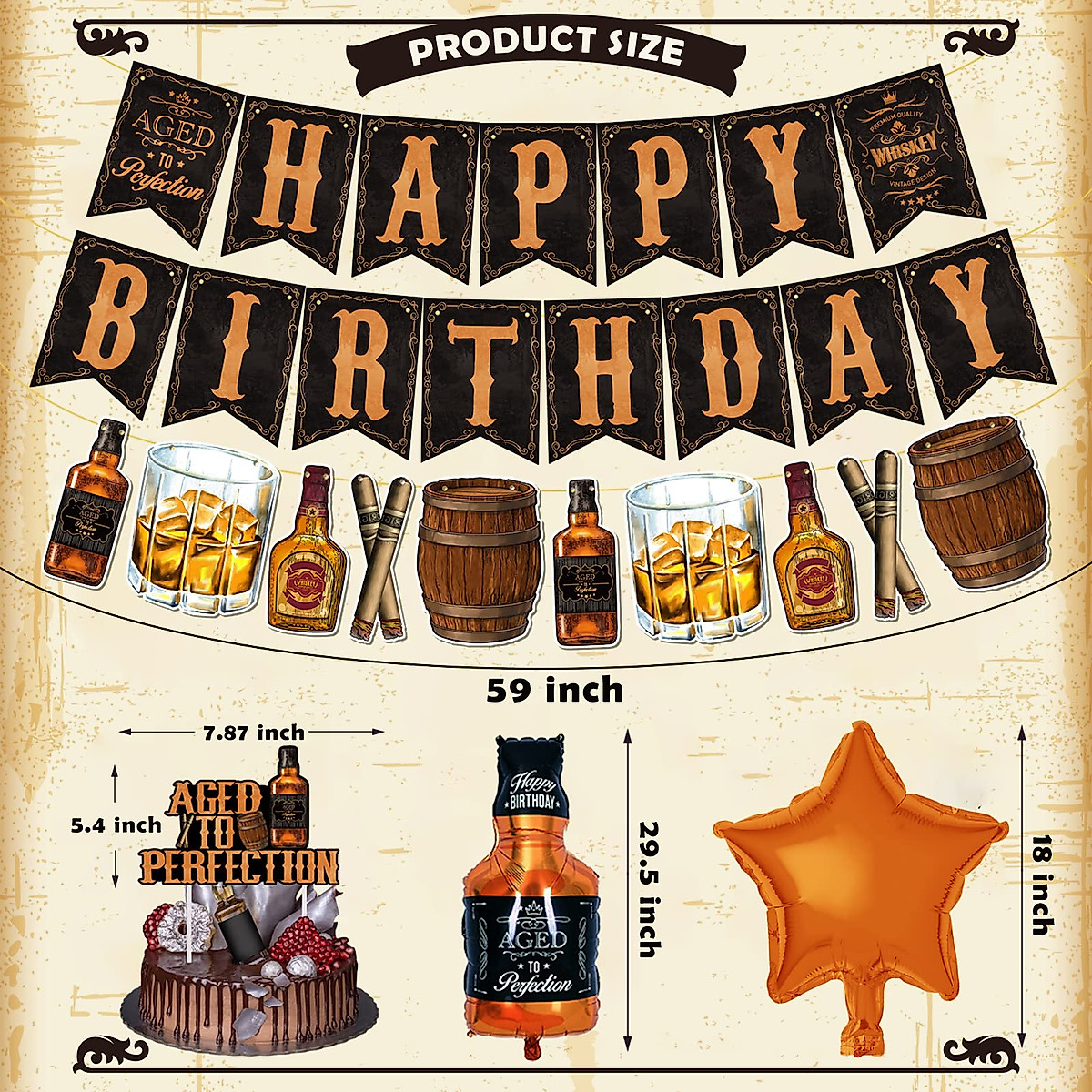 BORAMDO Whiskey Birthday Party Decorations for Men, Aged to Perfection Party Supplies including Whiskey Birthday Banner, Cake Toppers, Whiskey Foil Balloons, Tissue Paper Flowers (brown)