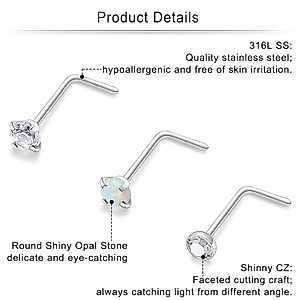 Cisyozi 22G Nose Rings Studs for Women Men Stainless Surgical Steel Silver L Shaped Bent Nose Nostril Rings Stud Set Piercing Jewelry for Women Men 1.5mm Diamond CZ Opal