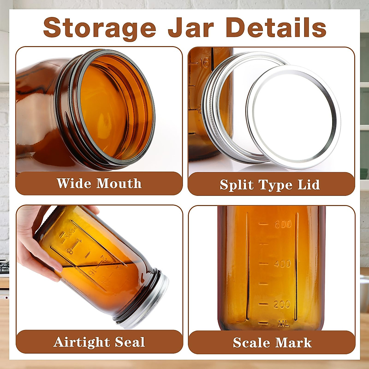 CARBLIN 6 Pack Mason Jars 32 oz, Amber Wide Mouth Canning Jars with Airtight Lids, Glass Pint Jars with Bands Labels Brush, Large Storage Quart Jars for Jam Fermenting Preserving