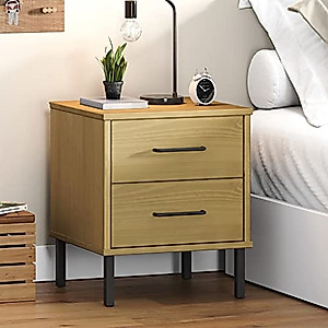 loibinfen Wooden Bedside Cabinet with Metal Legs and 2 Drawers, Solid Wood NightStand End Side Table for Home Office, Brown 15.7"x13.8"x19.1"(B)