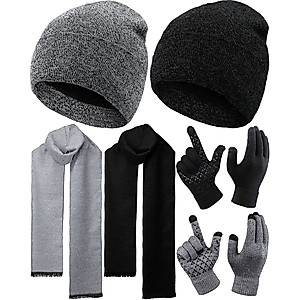 SATINIOR 6 Pieces Winter Warm Knit Beanie Hat Touchscreen Gloves Scarf Set Fleece Lining Skull Caps Neck Scarves, Black, Gray, One Size
